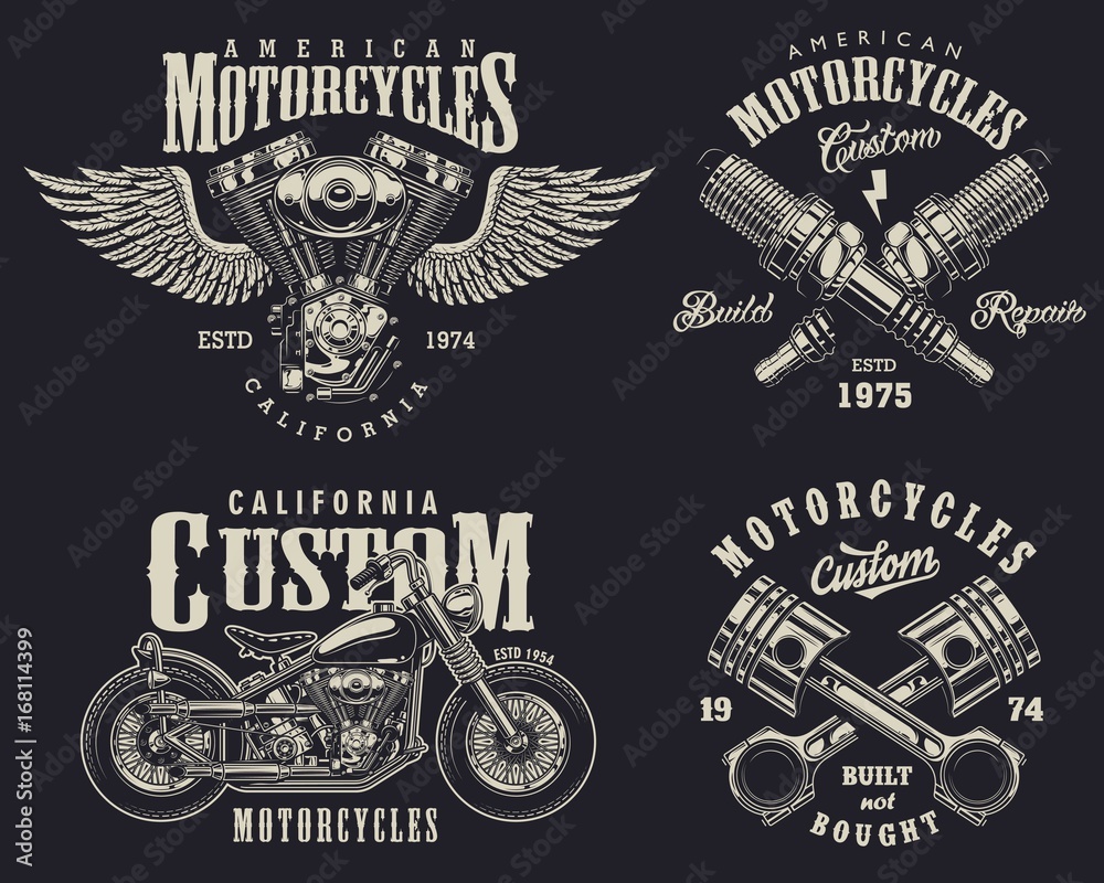 Set of vintage custom motorcycle emblems, labels, badges, logos, prints ...