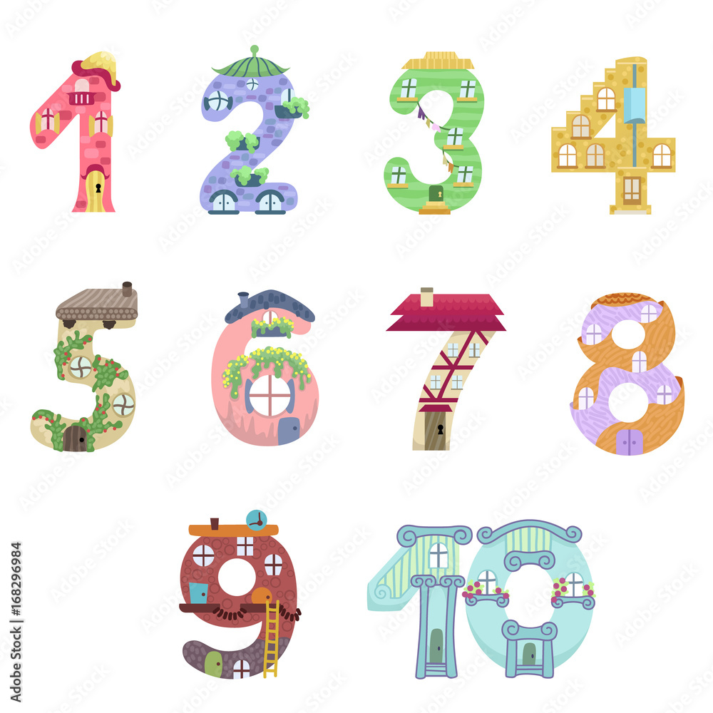 Numbers like fairy houses / Solid fill vector cartoon illustration ...