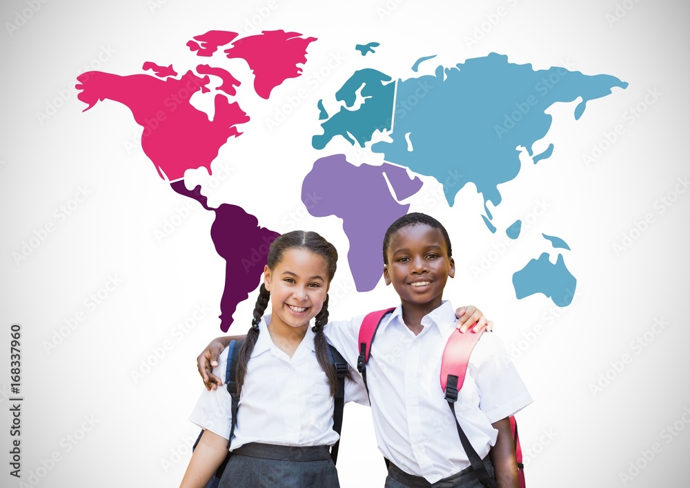 School kids in front of colorful world map Stock Photo | Adobe Stock
