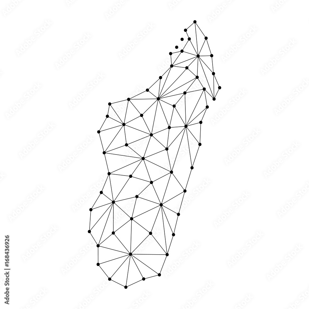 Madagascar map of polygonal mosaic lines network, rays and dots vector illustration. Stock ...