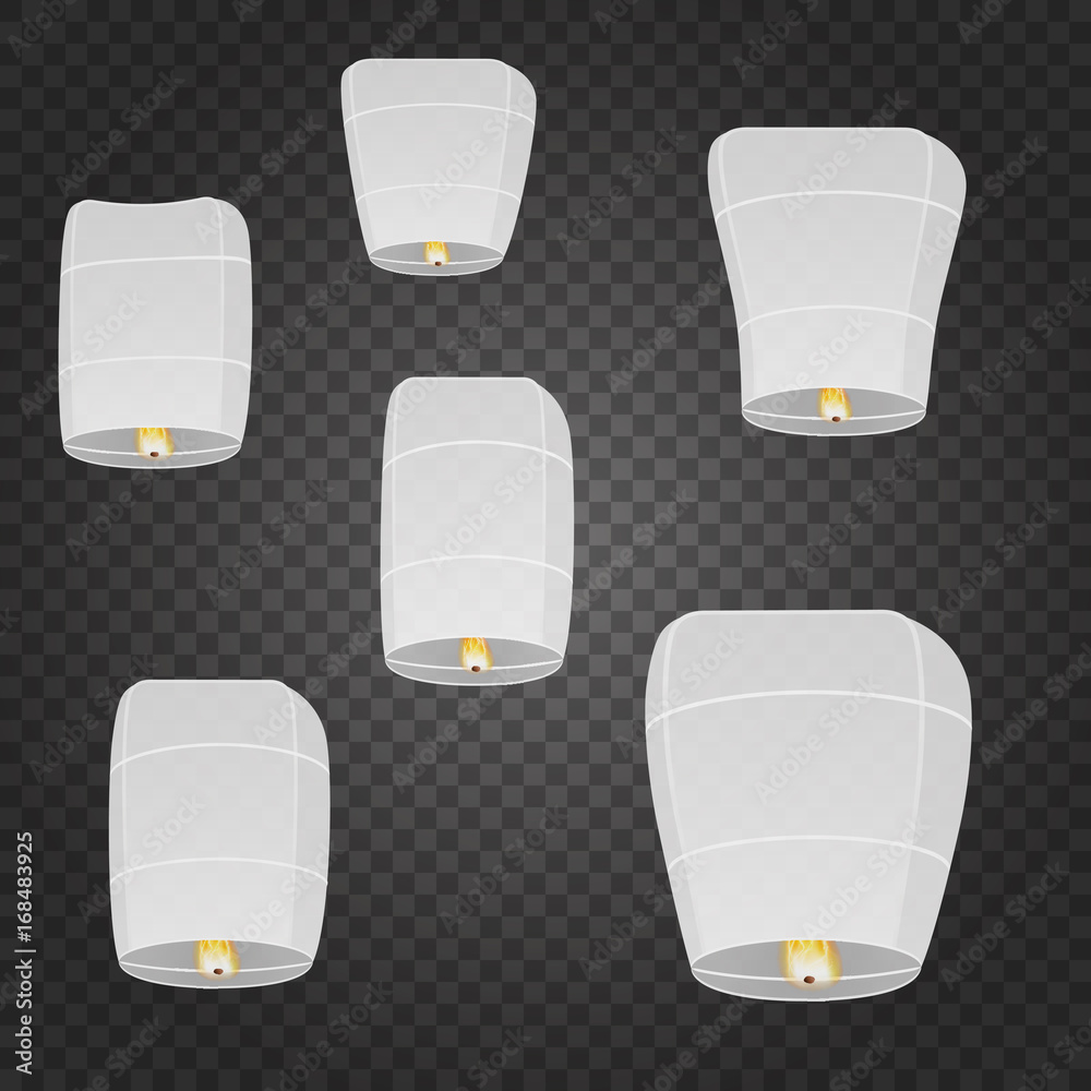 Floating lantern set. White chinese balloons on transparent background ...
