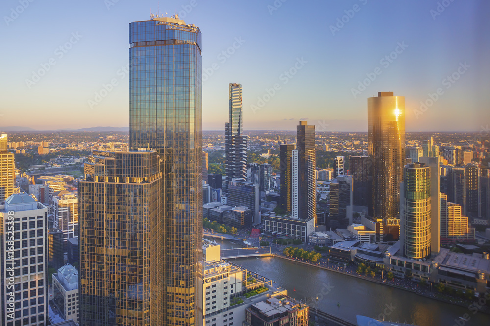 Aerial view of dramatic sunset at Melbourne city skyline Stock Photo ...