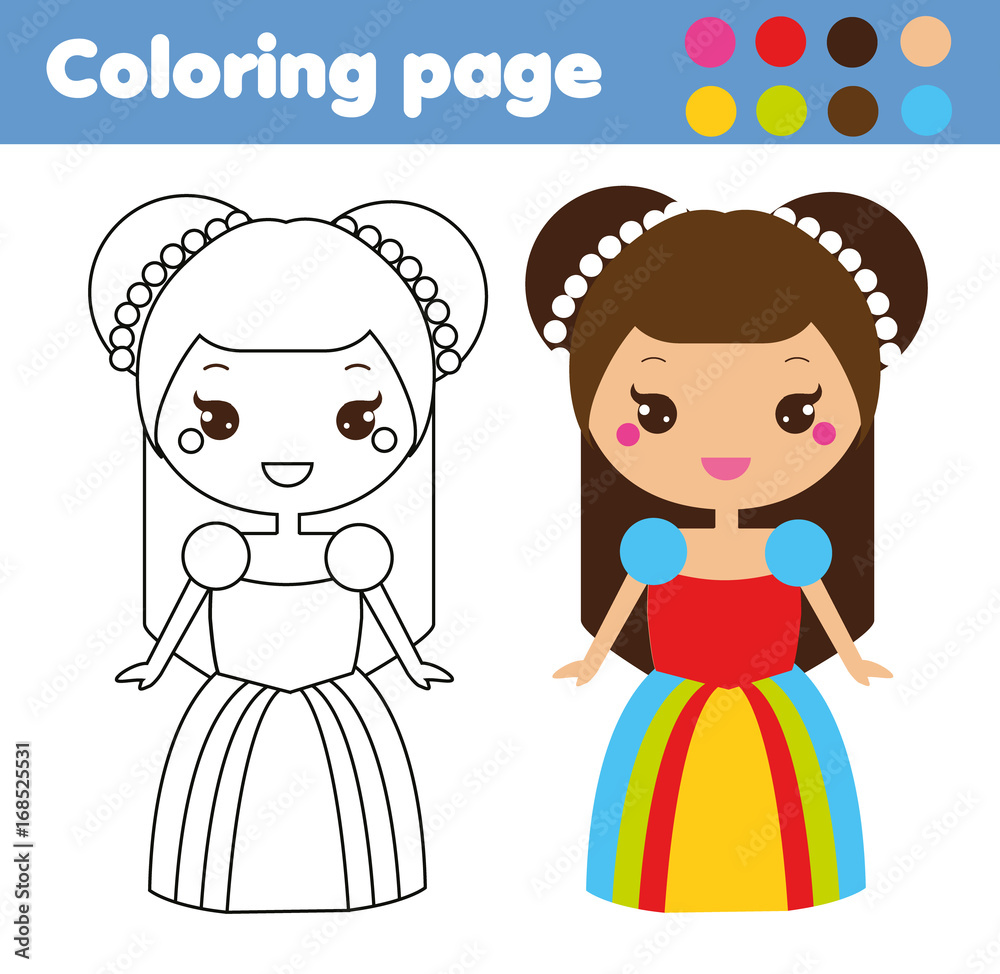Coloring page with cute princess character in kawaii style. Drawing ...