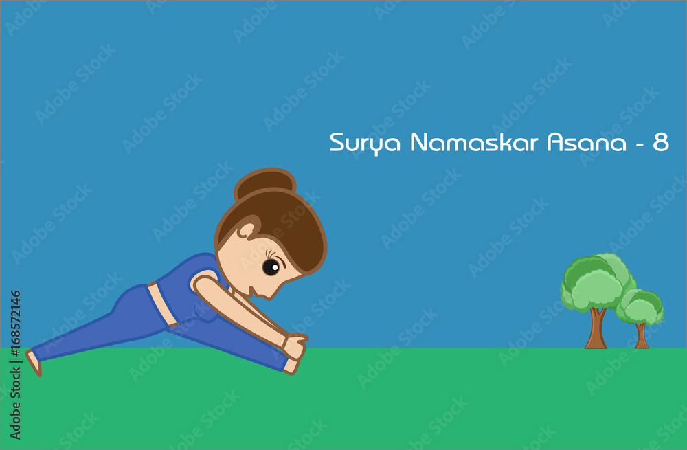 Yoga Cartoon Vector Pose - Surya Namaskar Asana Step - 8 Stock Vector ...