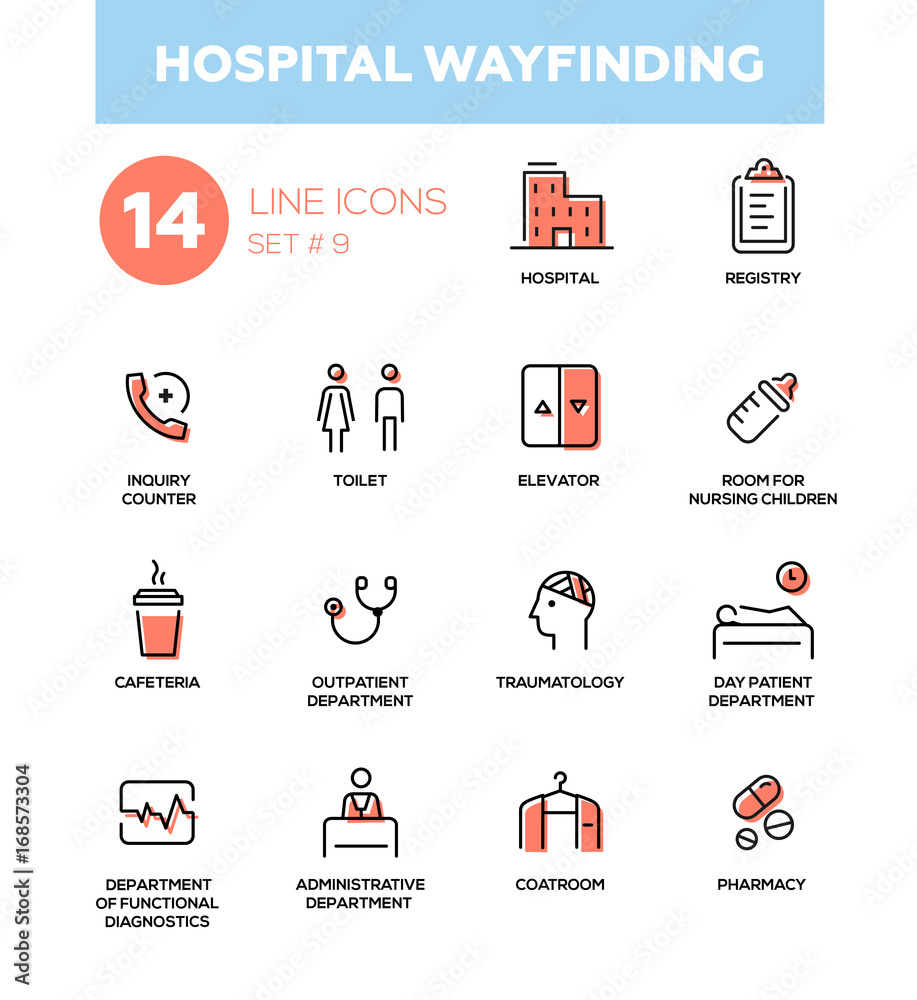 Hospital wayfinding - Modern simple thin line design icons, pictograms ...