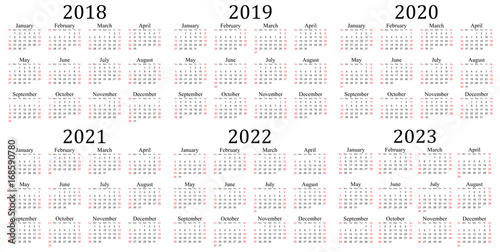 Six year calendar - 2018, 2019, 2020, 2021, 2022 and 2023 in white ...
