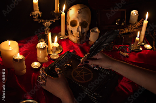 Witchcraft composition with witch's hands holding a quill, satanic ...