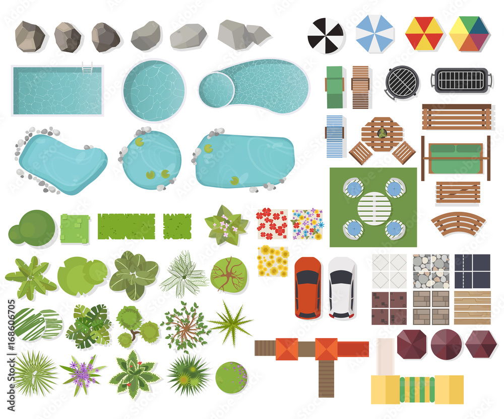 Set Landscape elements, top view. Garden, tree, lake, swimming pools ...