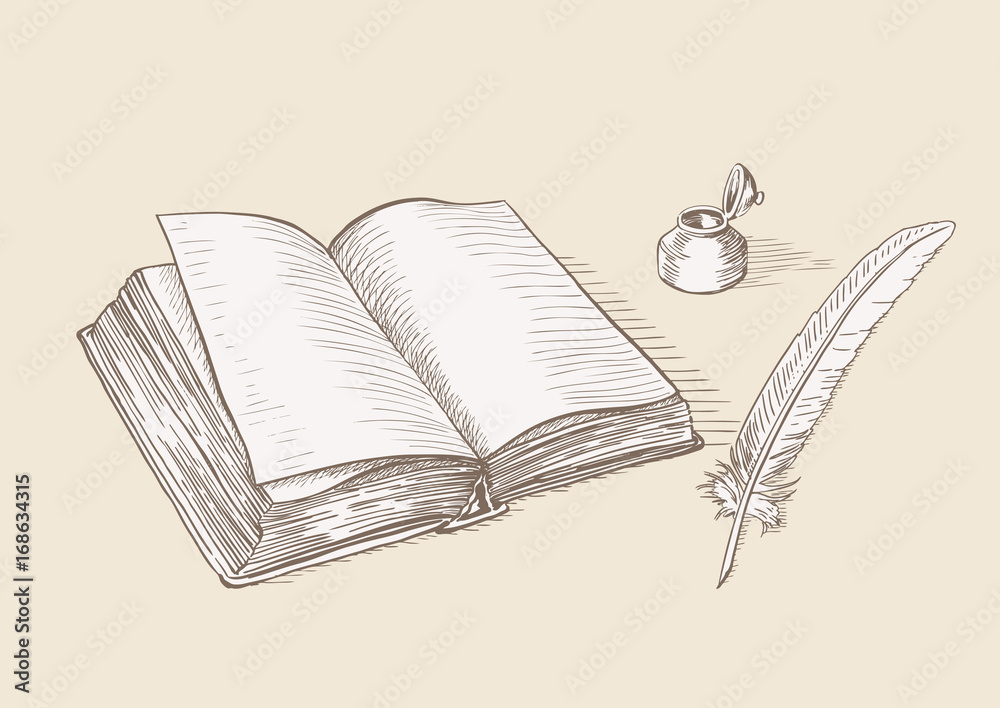 old book and feather pen drawing Stock Vector | Adobe Stock