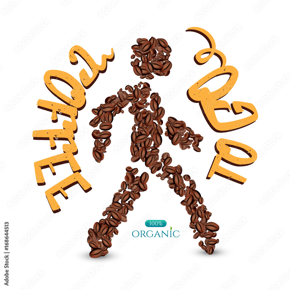 Coffee to go vector sign or logo with man of coffee beans and lettering ...