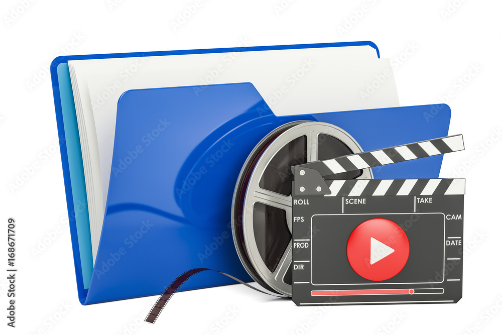 Blue computer folder icon with film reel and clapperboard, 3D rendering ...