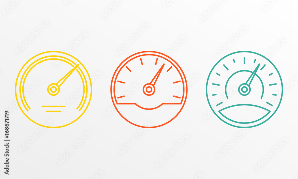 Speedometer and meter icon set in line style. Dashboard outline signs ...