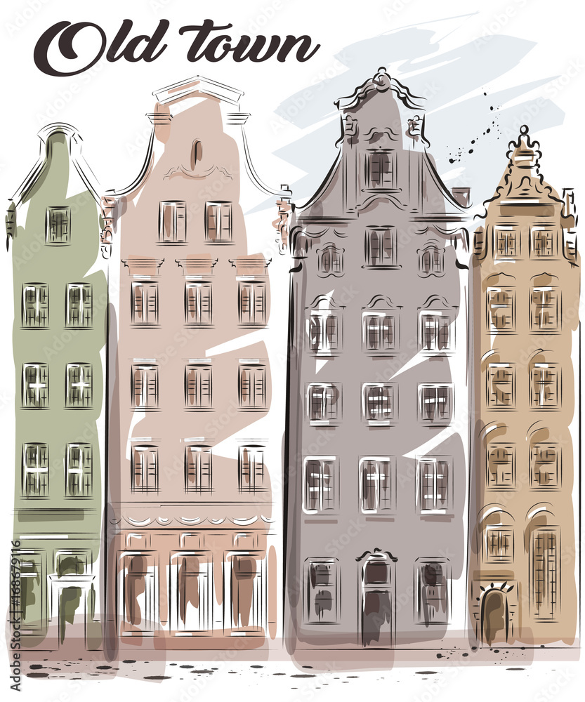 Cute hand drawn old town. Beautiful old buildings. City architecture ...