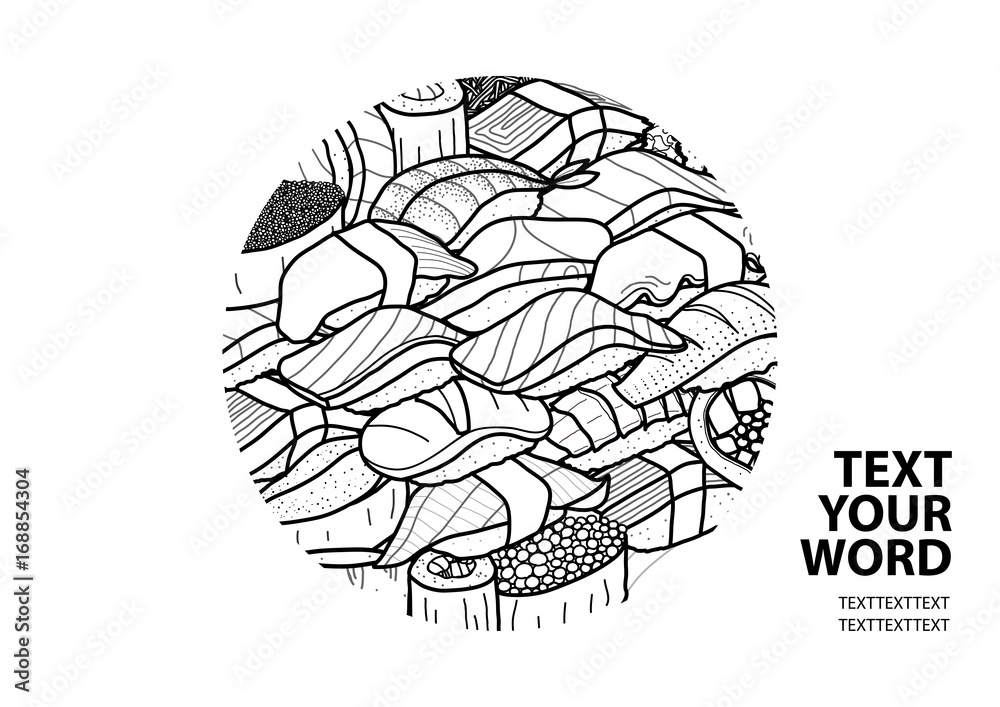 Sushi and roll in black outline random in circle at the middle with ...