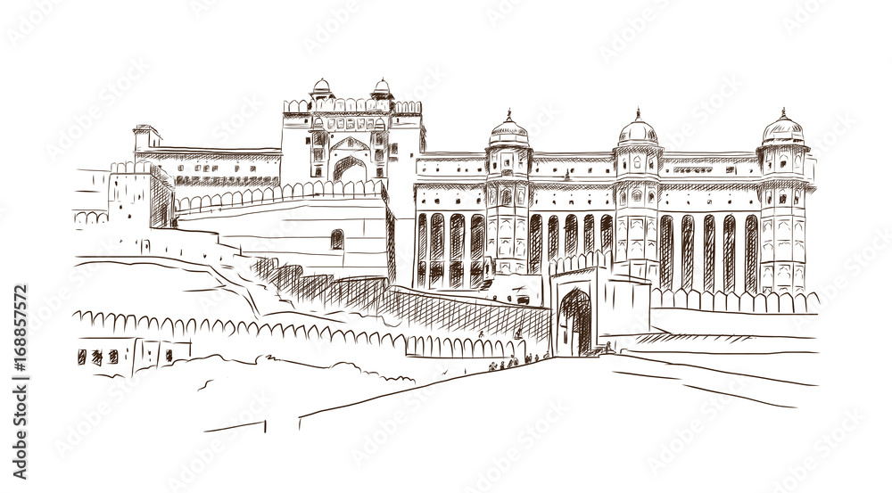 Hand drawn sketch illustration landmark of Amber Fort, Jaipur, India ...