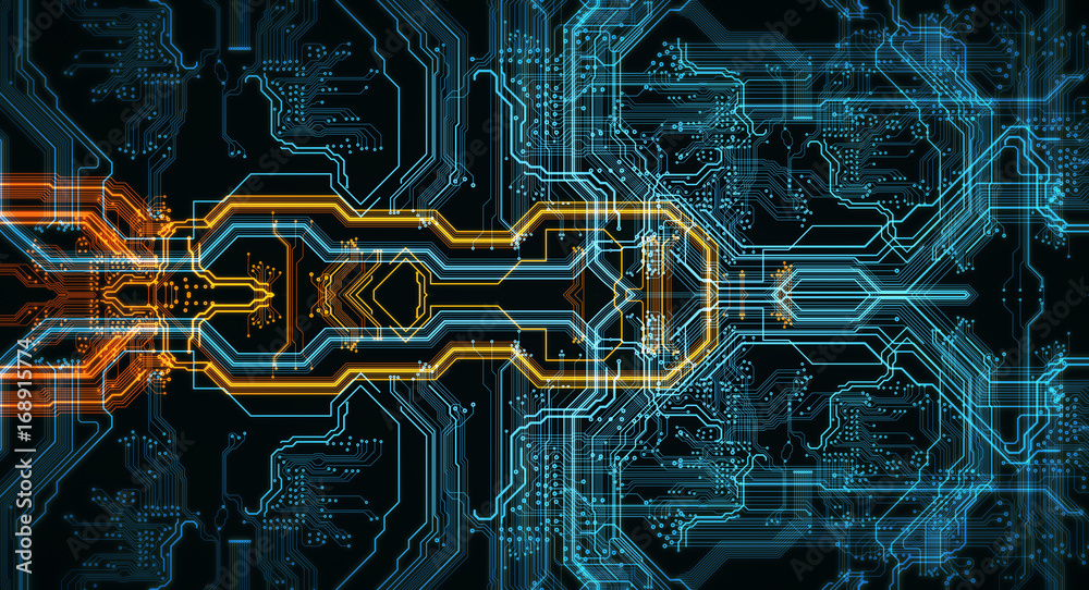 Orange, blue technology background/Circuit board futuristic server code ...