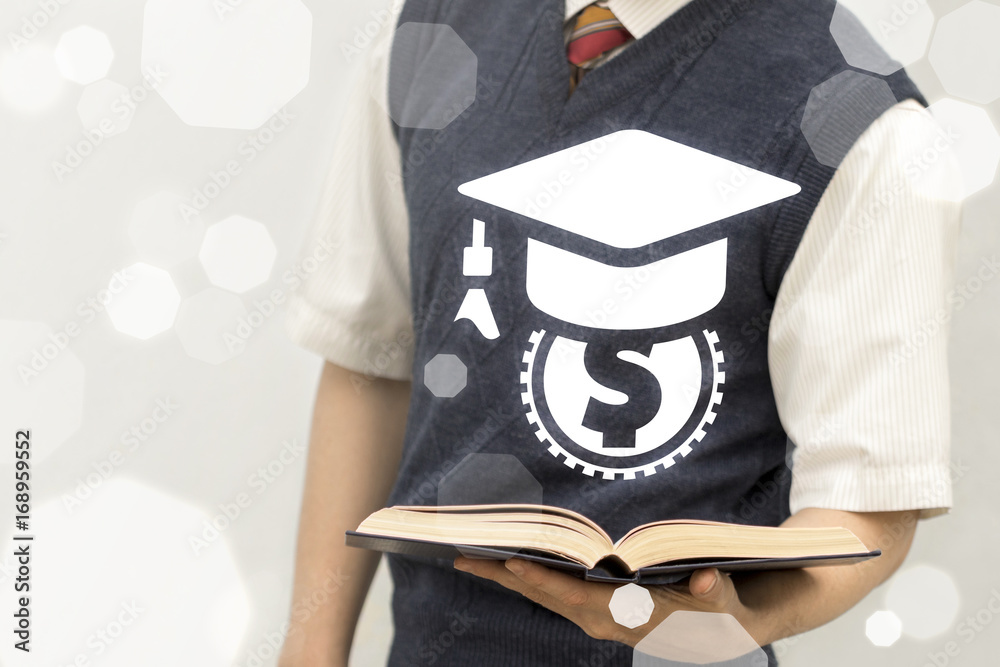 Student (learner or scientist) holds book with graduation cap dollar ...