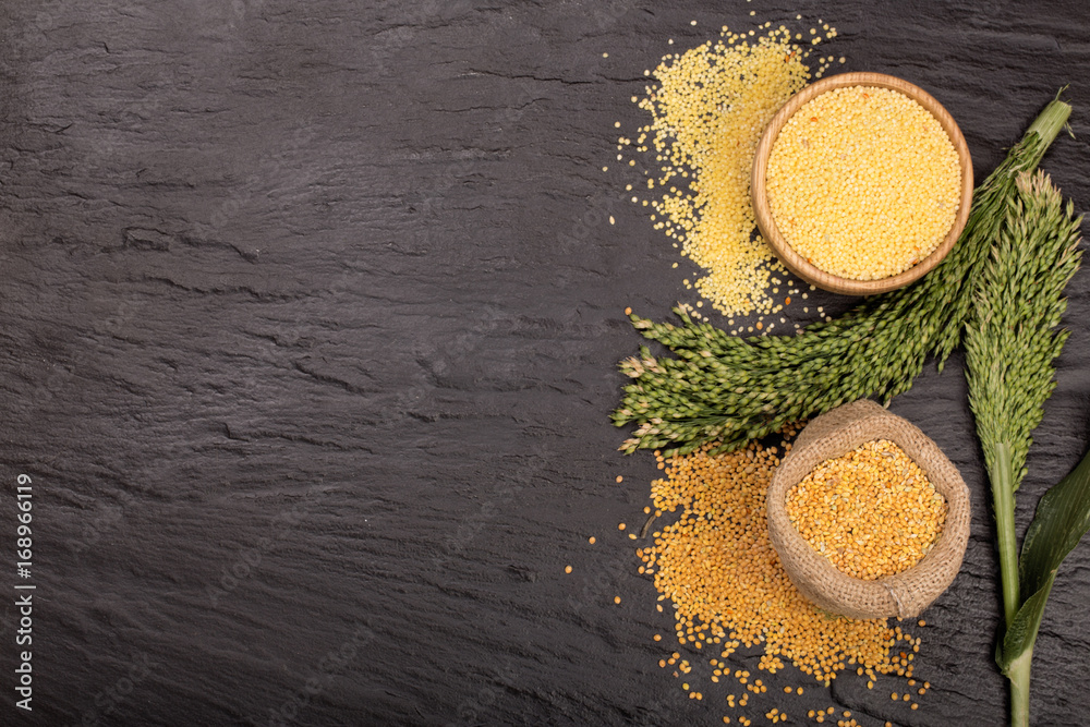 Millet in wooden bowl, bag and green spikelets on the black stone ...
