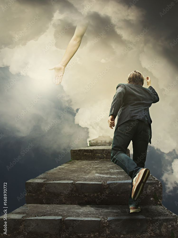 Man Running towards God Hand for Help Stock Photo | Adobe Stock