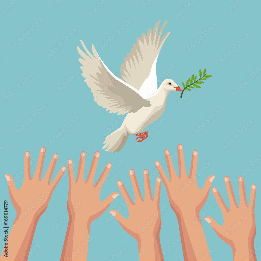color poster hands and pigeon peace symbol with olive branch in peak ...