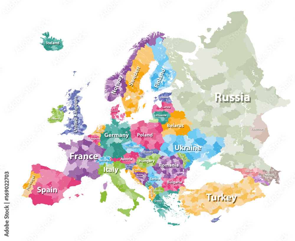 Europe colored political map with countries regions. Vector ...