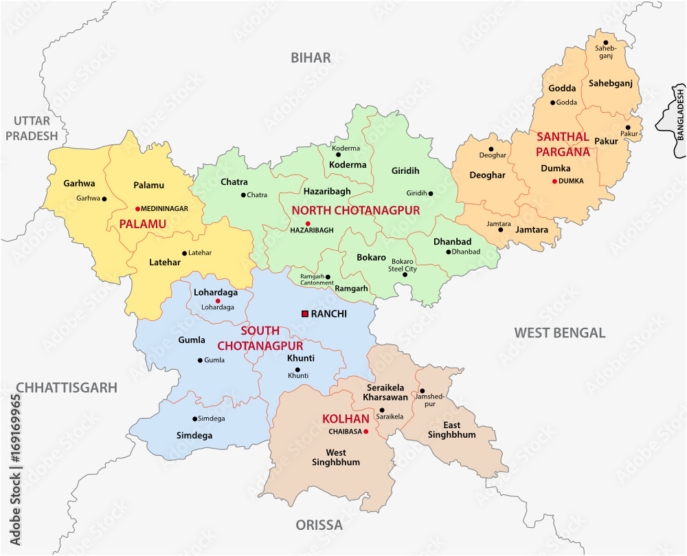 Jharkhand administrative and political map, India Stock Vector | Adobe ...