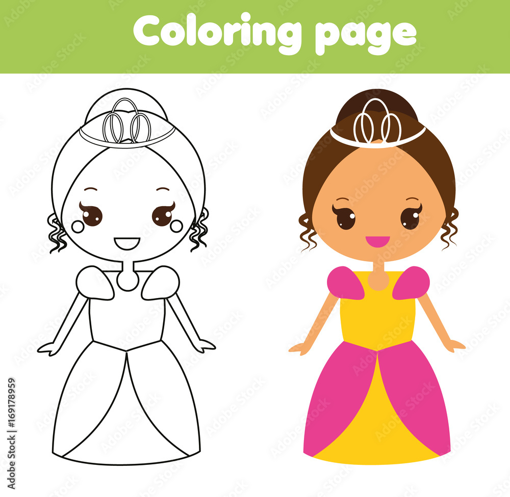 Cute princess. Coloring page. Drawing educational game for toddlers ...