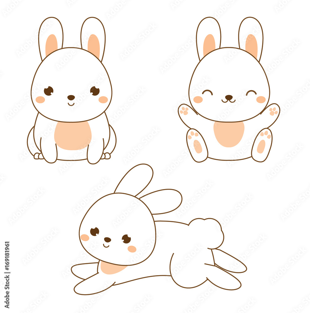 Cute rabbit. Kawaii Bunny. White hare sitting and jumping. Cartoon ...