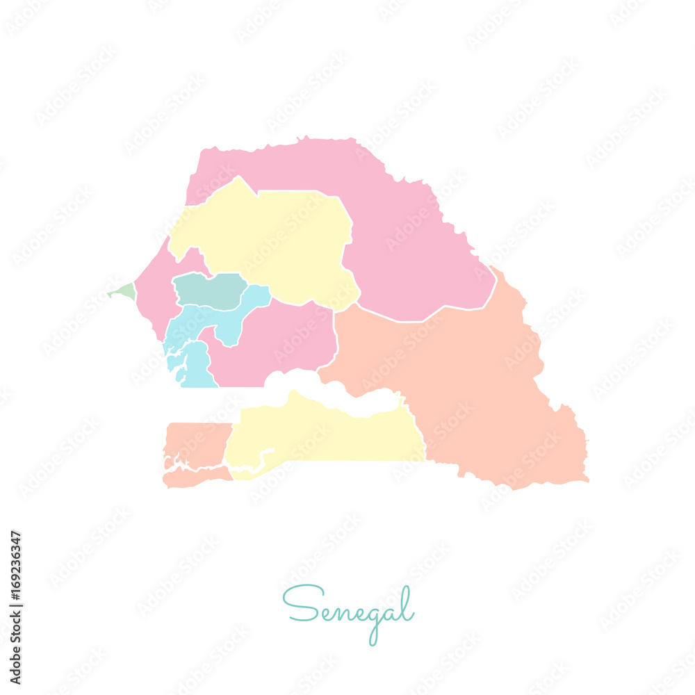 Senegal region map: colorful with white outline. Detailed map of ...