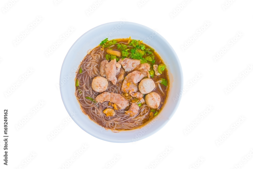 noodle meat ball and pig piece in bowl on table with broth intense. top ...