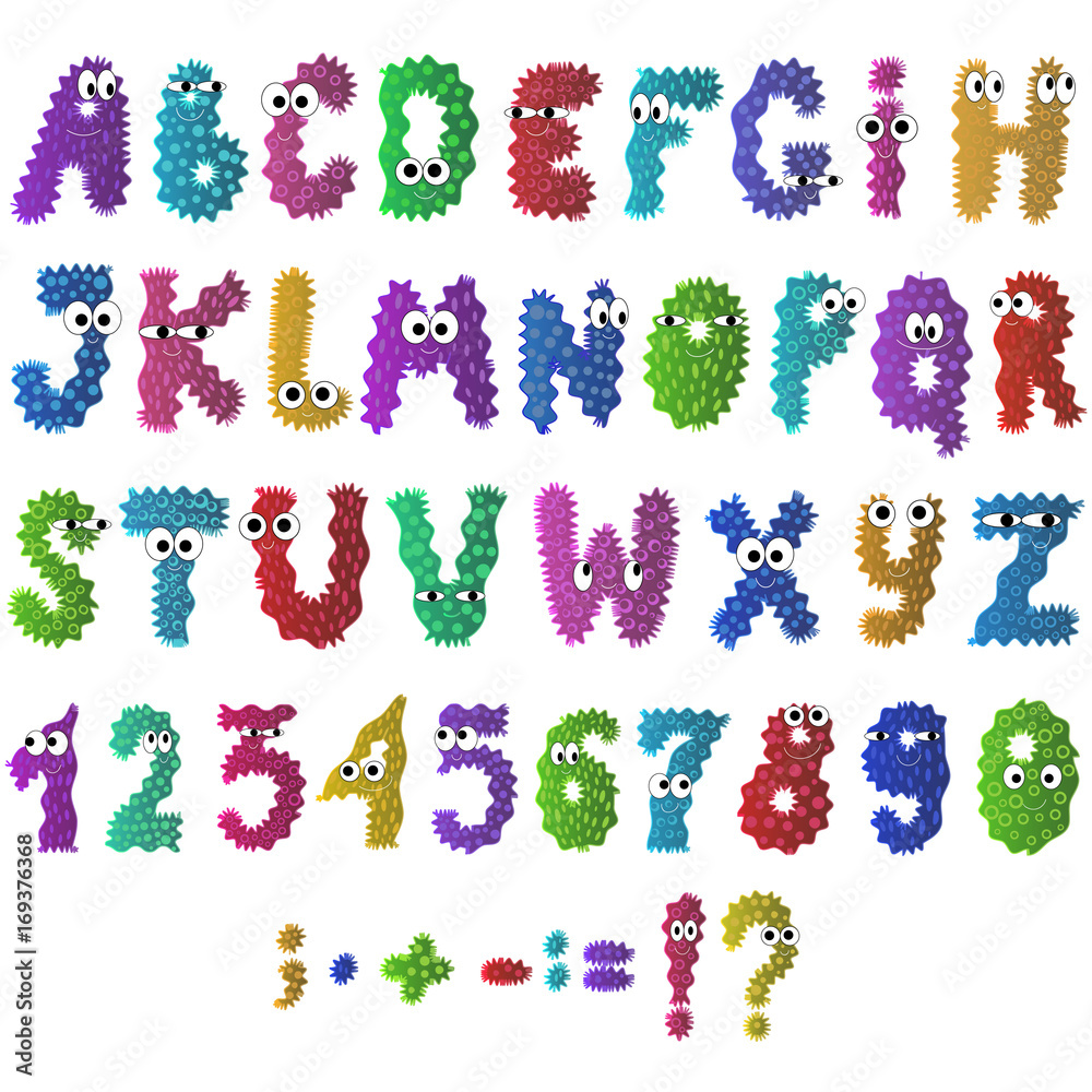 Cartoon flat monsters alphabet icons. Colorful bacteria and microbes ...