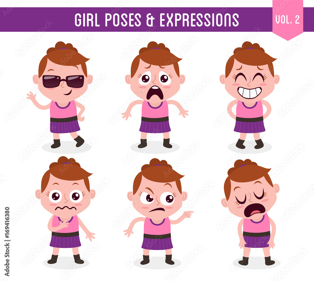 Character design set of a cute white girl in different poses. Cartoon ...