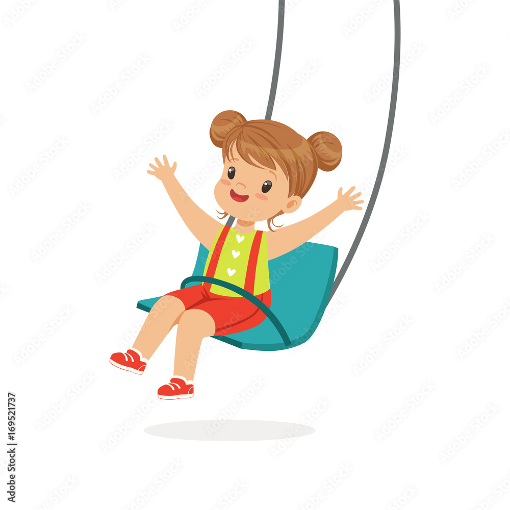 Cute little girl swinging on a swing, kid have a fun on a playground ...