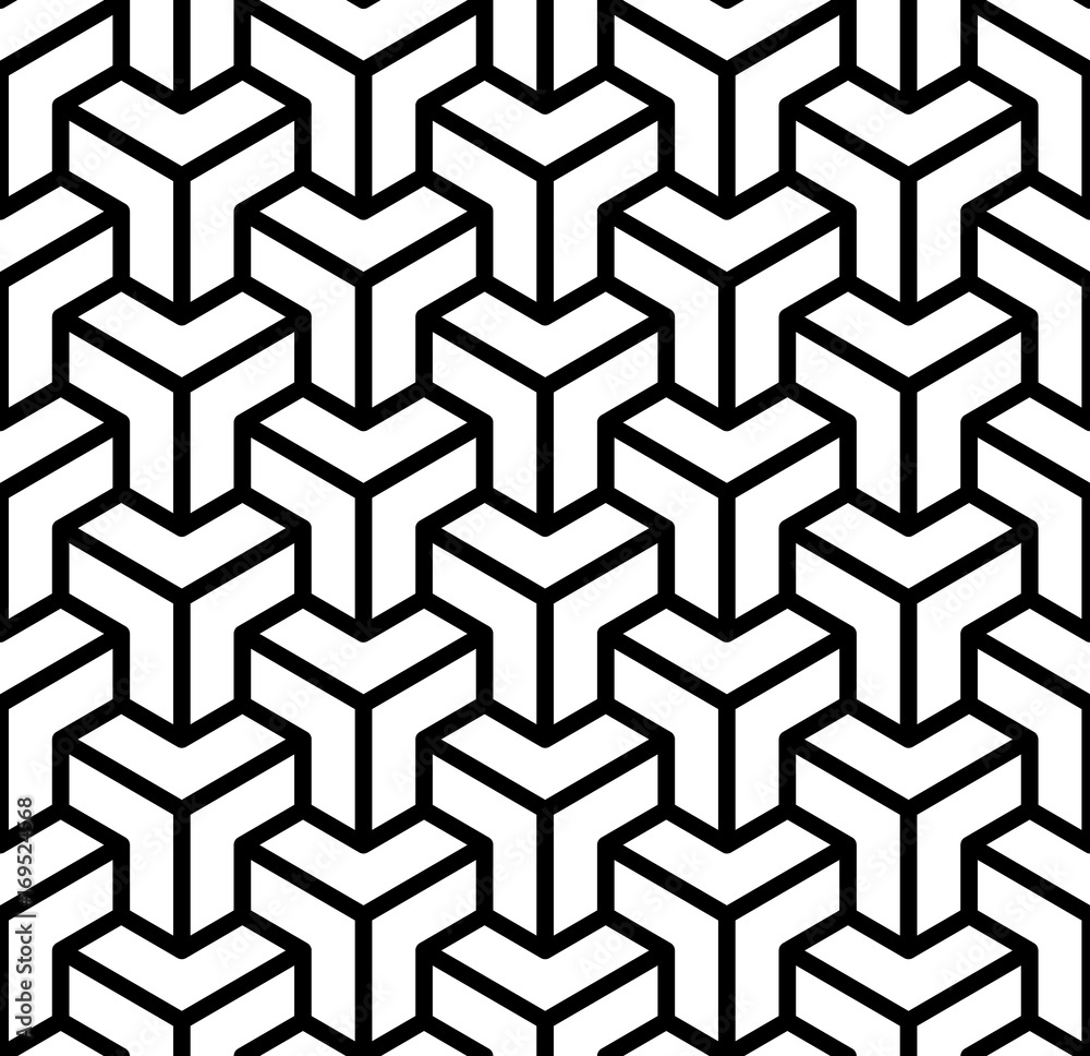 Abstract 3d cubes geometric seamless pattern in black and white, vector ...