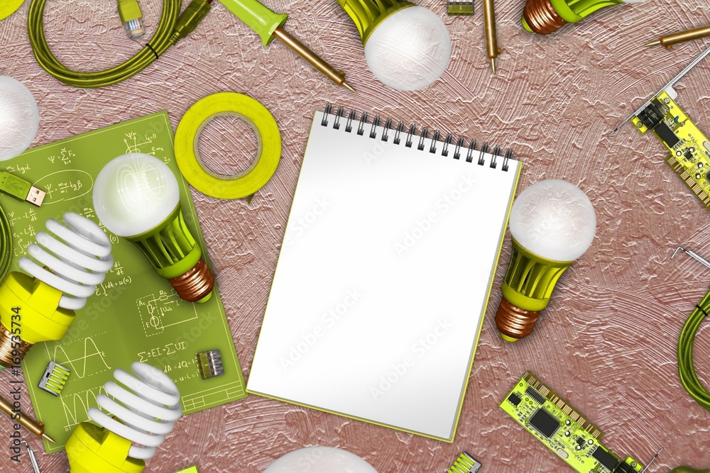 Electric themed collage on stucco with white mockup and lan cables ...