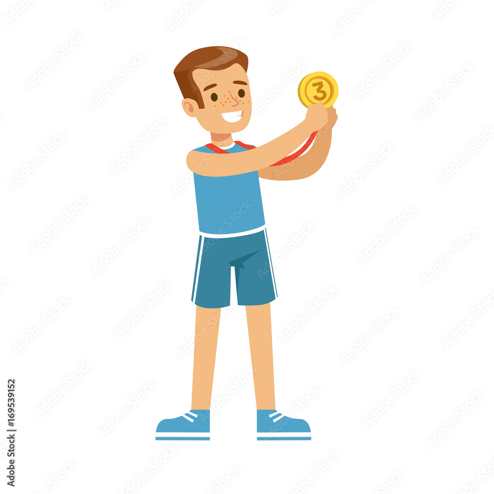 Young smiling boy with a third place medal, kid celebrating his bronze ...