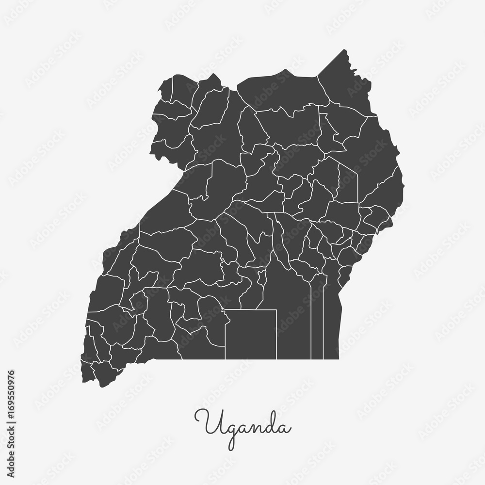 Uganda region map: grey outline on white background. Detailed map of Uganda regions. Vector ...