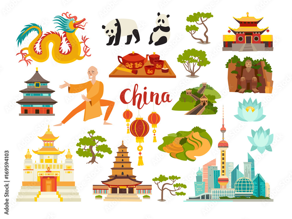 China landmarks vector icons collection. Chinese travel attraction ...