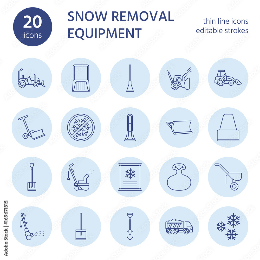 Snow removal flat line icons. Ice relocation service signs. Cold ...