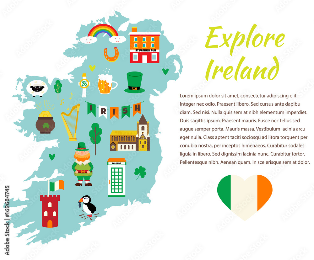 Background template with tourist map of Ireland with landmarks, symbols ...