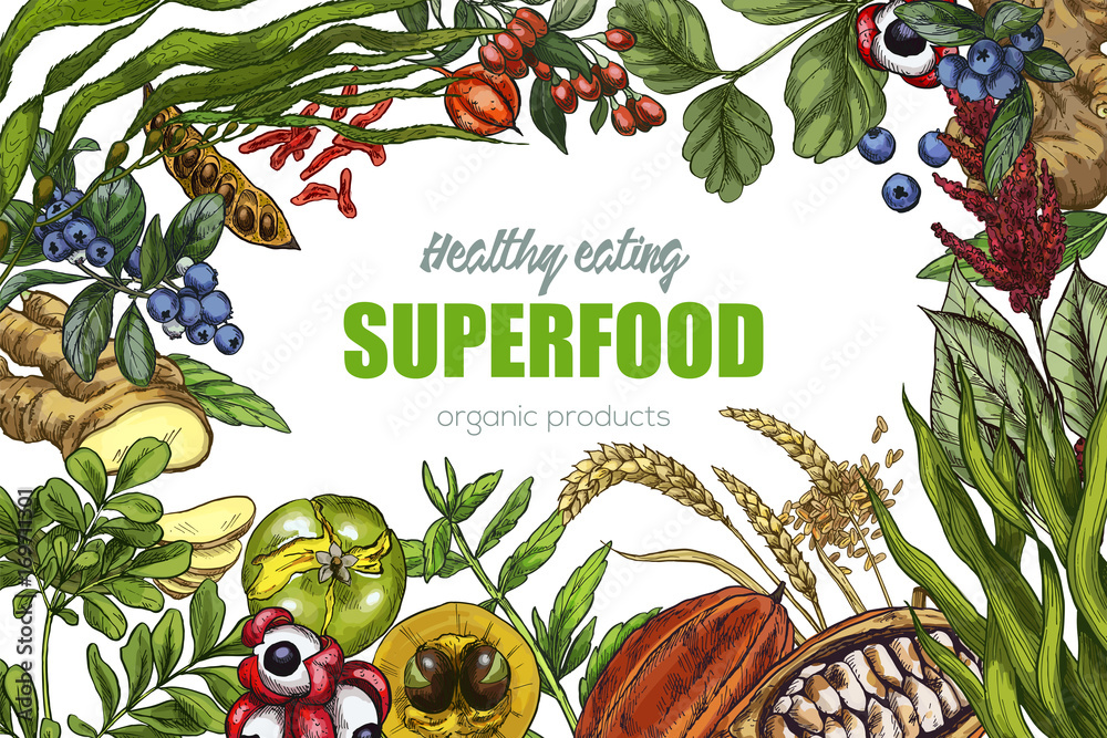 Superfood, realistic sketch frame design Stock Vector | Adobe Stock