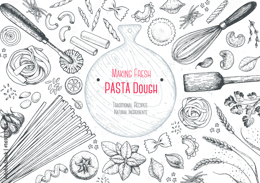 Italian pasta top view frame. Hand drawn vector illustration ...