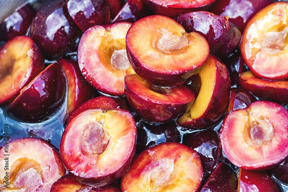 plums chopped on jam texture background Stock Photo | Adobe Stock