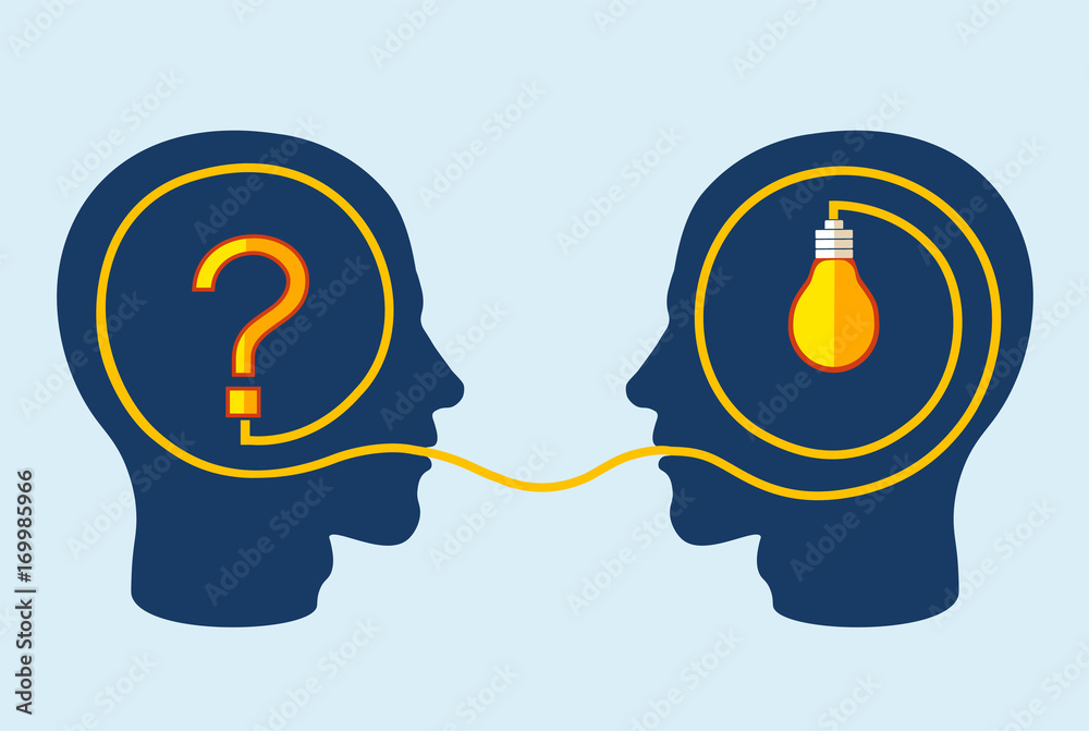 Thinking and problem solving concept with two heads one with question mark another with light ...