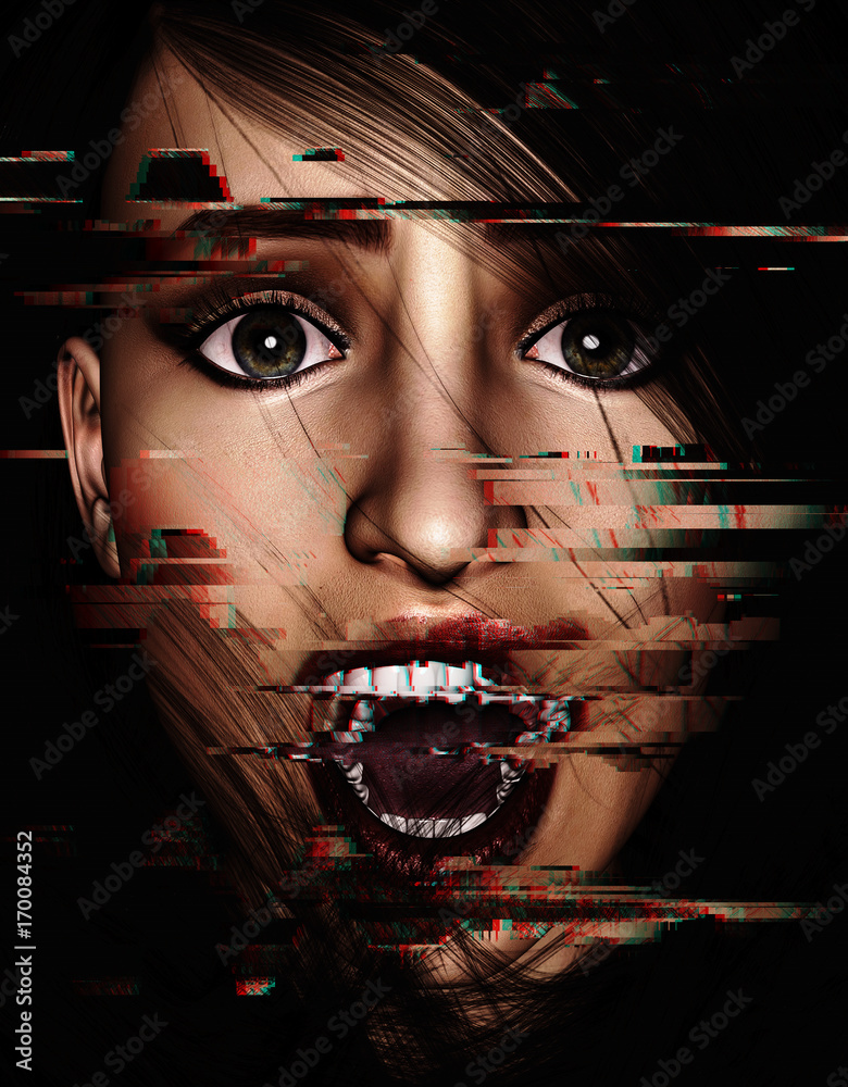 3d illustration of woman screaming in the dark with glitch effect ...