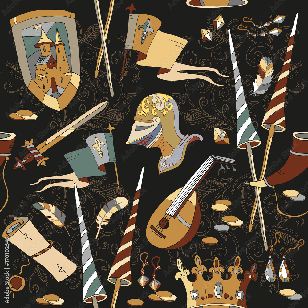 Medieval seamless pattern, crown, heraldic knight symbols and elements ...