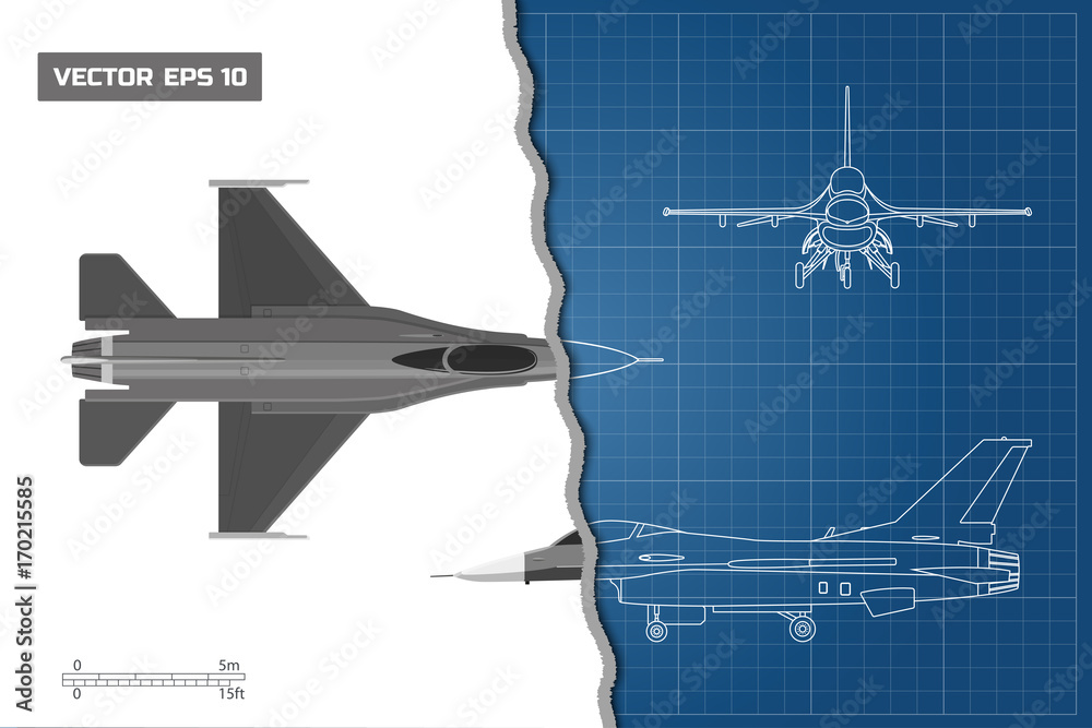 Drawing of military aircraft. Industrial blueprint. Top, side, front ...