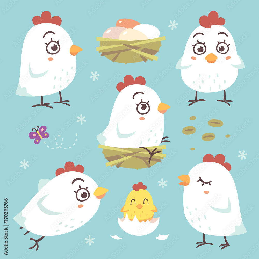 vector cartoon style hen chicken kawaii set Stock Vector | Adobe Stock