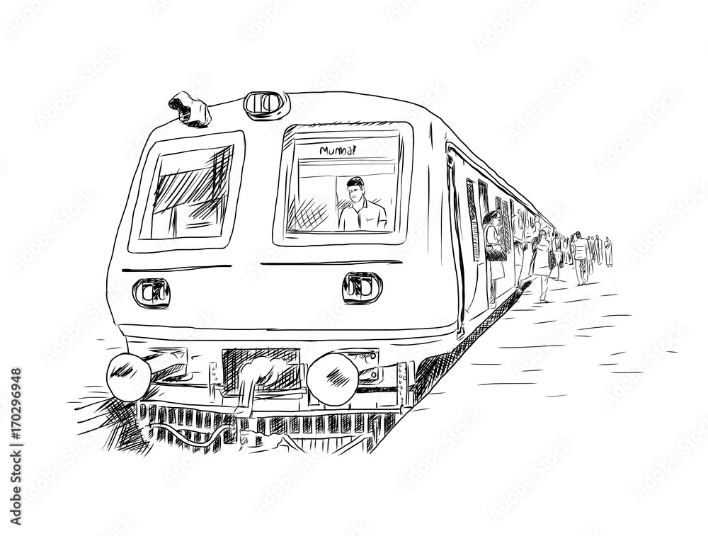 Hand drawn sketch of Unidentified locals and tourists commute by train ...