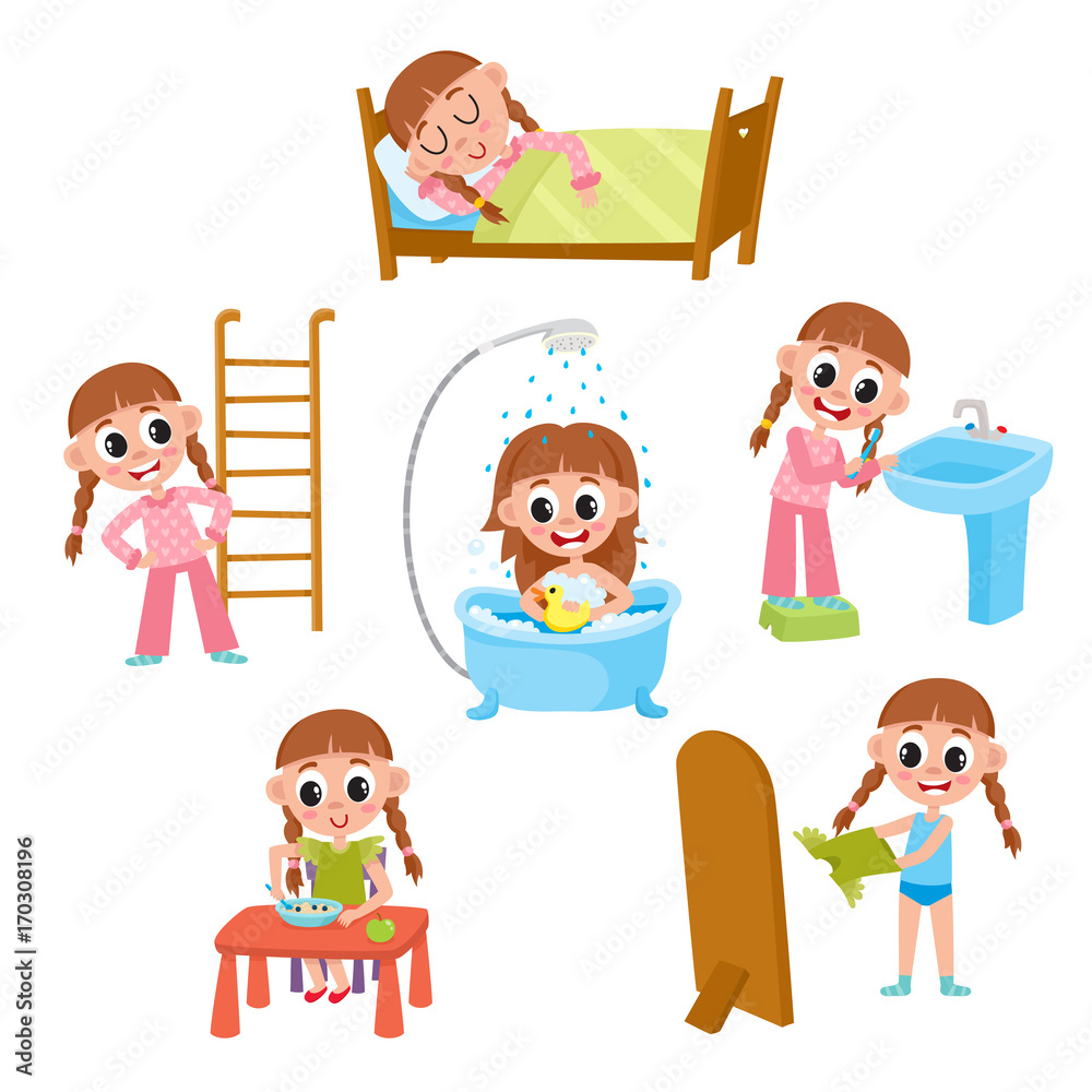 Daily morning routine, little girl sleeping, washing, eating, dressing ...